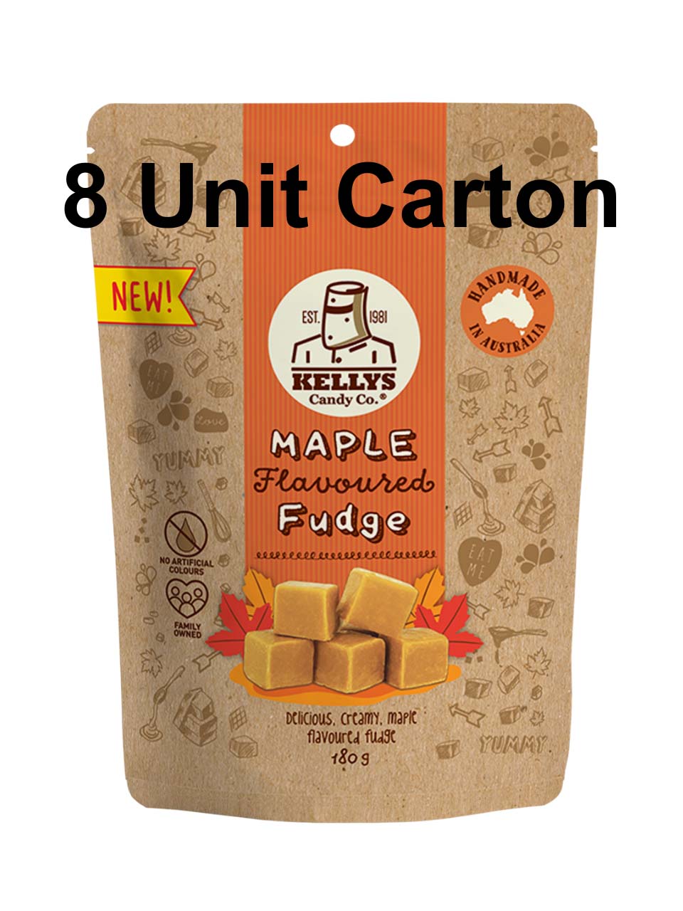 Kellys Candy Co. Maple Flavoured Fudge Pouch 180g (8 Unit Carton)